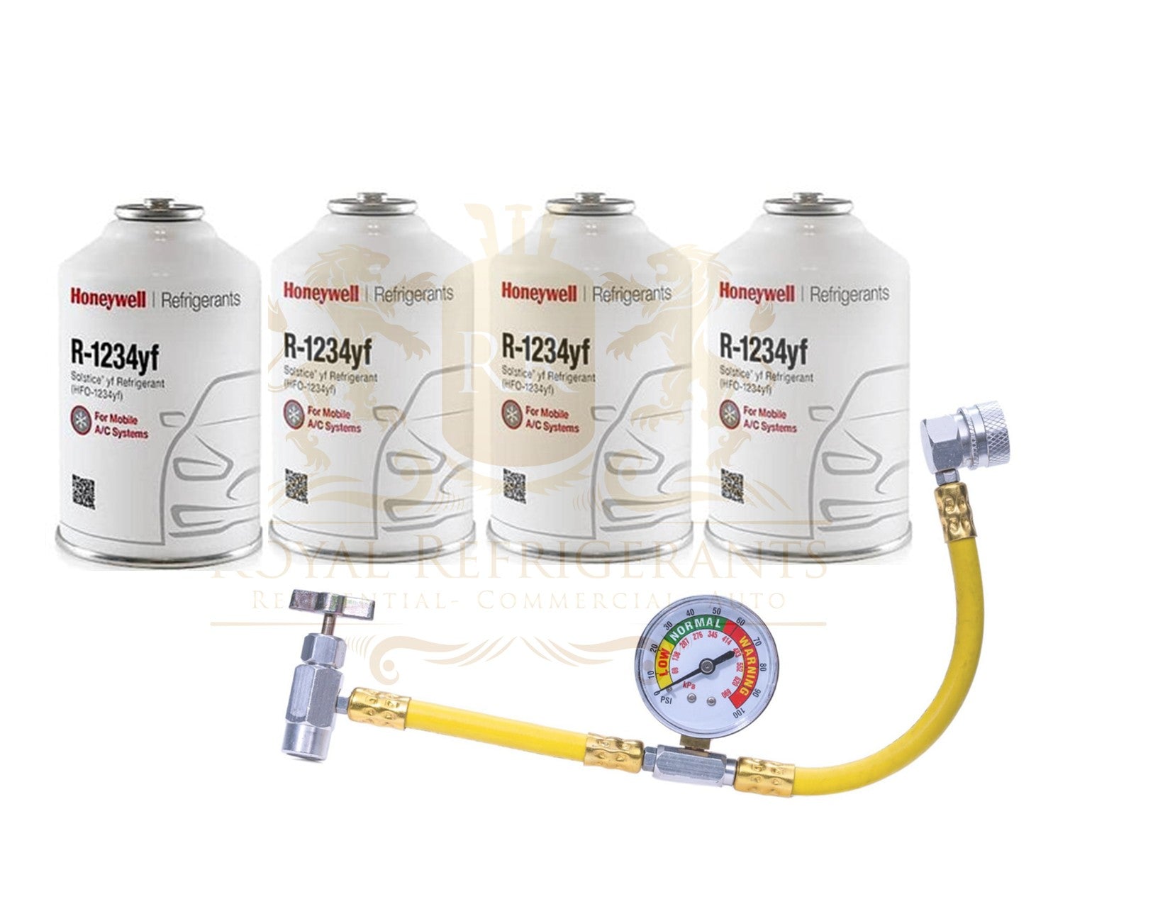 Honeywell Genuine 8oz R1234YF Refrigerant (4 8oz Cans) & Hose with Gau ...